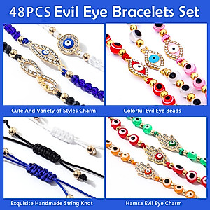 48 Pcs Evil Eye Bracelets Mexican Bracelets Hamsa Bracelet Set Protection Mal De Ojo Bracelets Gold Evil Eye Anklets Jewelry Gift for Women Men
