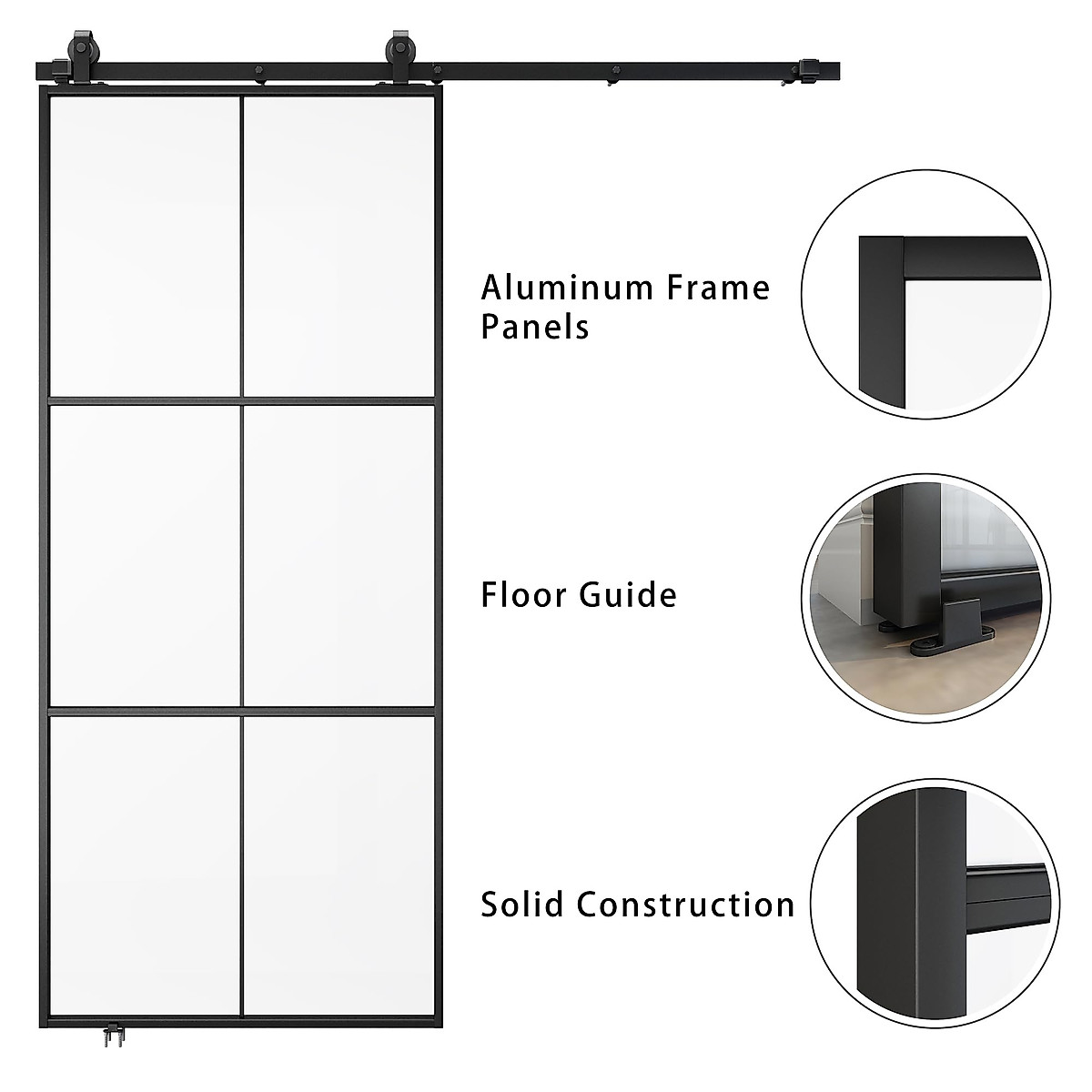 BARNSMITH 36in x 84in Aluminum Glass Barn Door and 6FT Hardware Included,Frosted Tempered Glass Barn Door,Easy Assembly