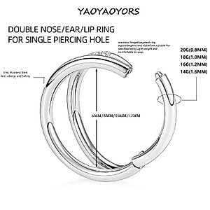 Yaoyaoyors Double Diamonds Nose Rings 20G 8mm Hinged Septum Piercing Jewelry Cartilage Earrings Stainless Steel Helix Hoop Daith Ring with Shiny Clear CZ Silver Color