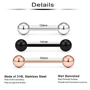 Ftovosyo 16g Tongue Rings Externally Threaded Nipple Barbell Stainless Steel Nipplerings 16 Gauge Straight Barbell Tongue Piercing Bars Length 12mm 14mm 16mm 1/2" 9/16" 5/8"