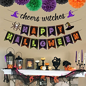 Black-Orange Green-Purple Halloween Party-Decorations - 8pc Kit Happy Halloween Banner, Tissue Flower Paper Pom Poms Streamers,Cheers Witches Garland,Birthday Bachelorette Baby Shower Lasting Surprise