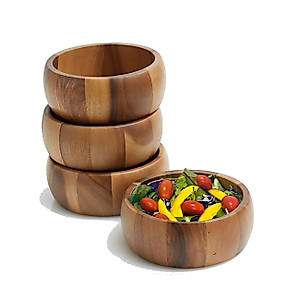 Woodard & Charles Set of 4 Acacia Wood Large Individual Salad Bowls, Snack Serving Bowls, 6 1/2" x 2 1/2"