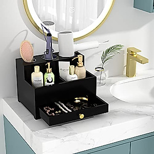 Bathroom Hair Tool Organizer Storage, Black Hair Dryer Curling Iron Holder with Drawer, Skin Care Organizer for Dresser, Vanity Caddy Countertop Organizer Stand for Makeup Brush, Perfume - with 3 Cups