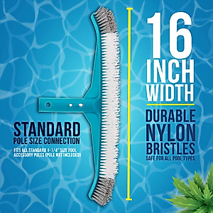 U.S. Pool Supply Professional 16" Floor & Wall Pool Brush with Nylon Bristles, Curved Ends, EZ Clip Handle - Cleaning Removing Sweeping Leaves & Debris from Walls, Floors, Steps - Pool Maintenance