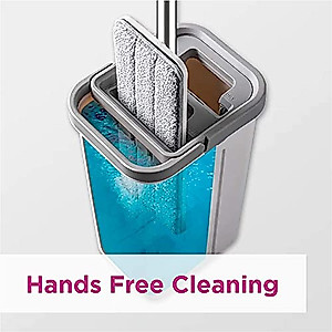 CleanZoom Flat Floor Mop and Bucket Set, Hands Free Home Floor Cleaning System, Stainless-Steel Handle, Washable & Reusable Microfiber Mop Pad, Wet and Dry Use, Wall Window Kitchen Cleaner