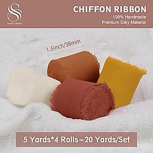 Fall Orange Chiffon Ribbon Handmade Frayed Fringe Sheer Boho Silk Ribbons for Gift Wrapping, Floral, Wedding Invitations, Bouquet, 1-1/2'' 5 Yards*4 Rolls