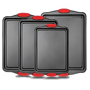 NBFTLTOP Baking Pan for Oven Non-Stick Baking Sheet Set of 4 w/Silicone Handles,Carbon Steel Baking Tray