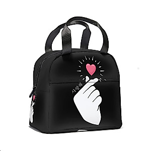 Vderxcok K-Pop Finger Heart Insulated Lunch Box Portable Thermal Cooler Tote Bag with Front Pocket Reusable Leakproof Lunch Bags for Women Men Girls Adults Work Hiking Picnic Travel