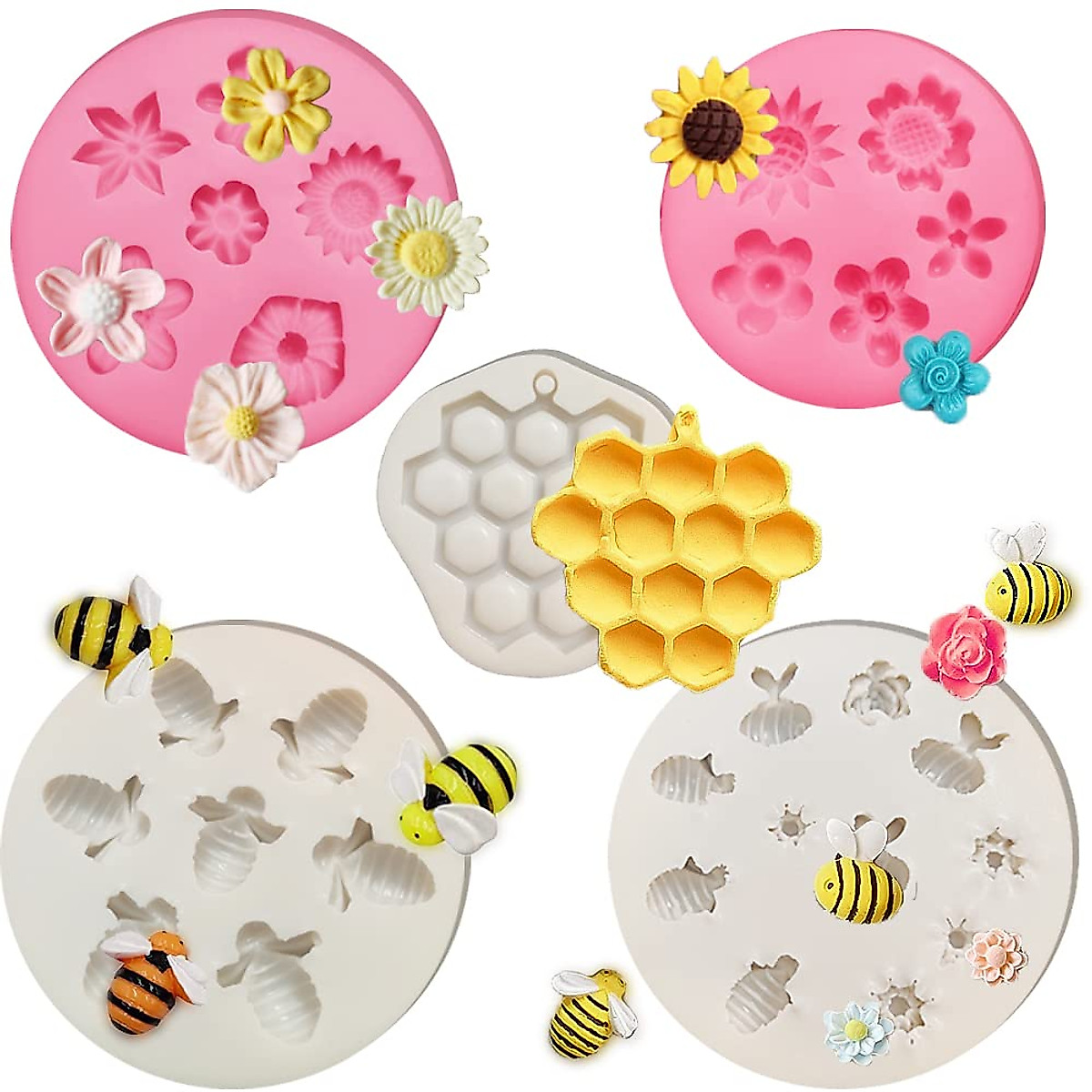 5 Pcs Bumble Bee and Flower Fondant Molds, CNYMANY Handmade Silicone Honeycomb Baking Chocolate Molds for Birthday Party Decoration DIY Cake Topper Candy Cookies Polymer Clay Crafting Project