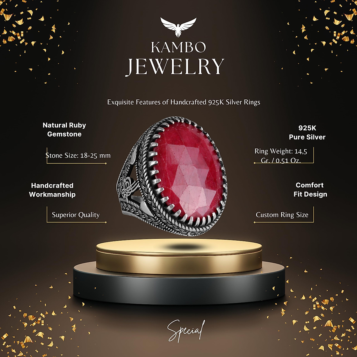 Genuine Real Natural Ruby Gemstone Ring, 28.65 Carat, Ottoman Seal Ring, Signet Ring, Sterling Silver Ring, red