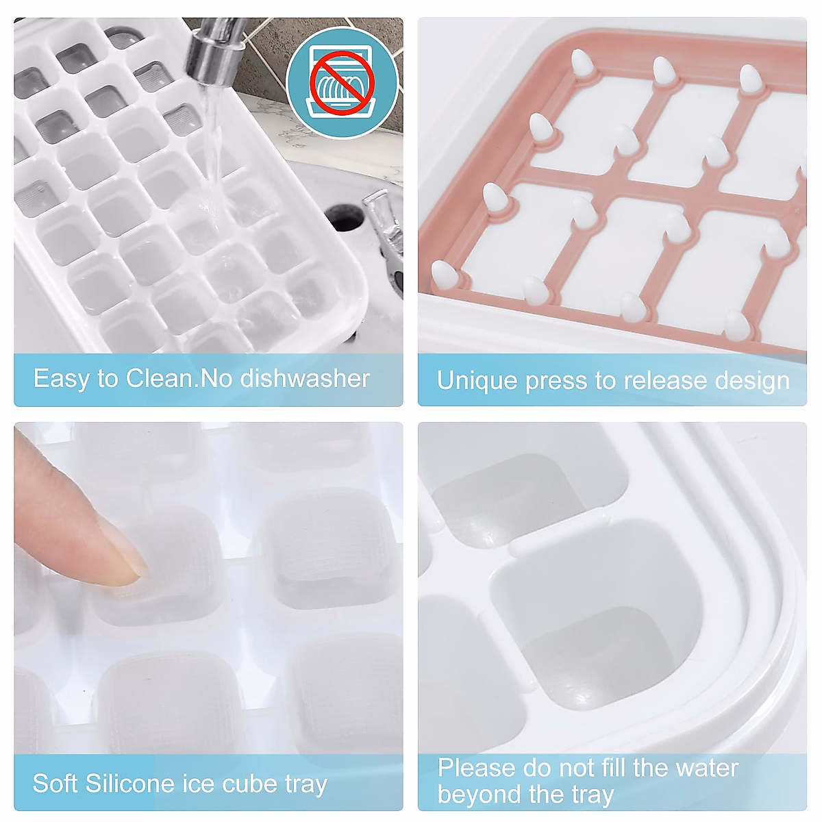 Bezioner Ice Cube Tray with Lid and Bin, Flexible Ice Cube Trays for Freezer, Easy-Release Silicone Ice Cube Molds for Whiskey Cocktails Bourbon Drinks Coffee (Pink)