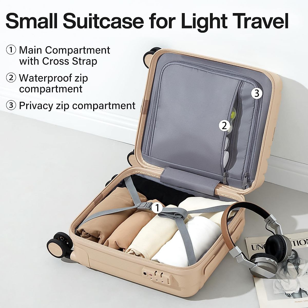 Hanke 14 Inch Underseat Carry On Luggage with Wheels Hard Shell Suitcases Carry On Bag Lightweight Small Mini Suitcase Tsa Luggage for Travel Christmas Gifts for Birthday（Cuba Sand）