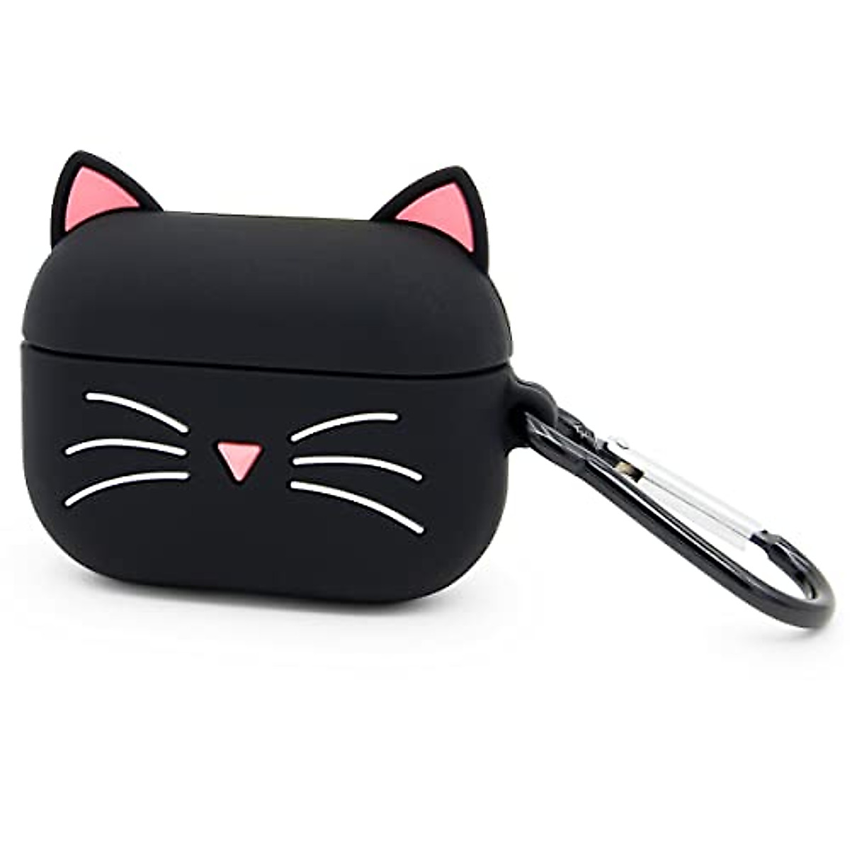 YONOCOSTA Cute Airpods Pro Case, Black Whisker Cat Kitty Funny 3D Cartoon Animals Full Protection Shockproof Soft Silicone Charging Case Cover Skin with Carabiner for Kids Girls Women Children