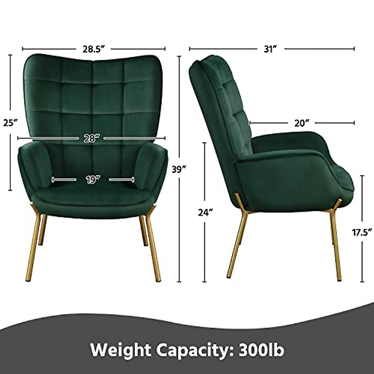 Yaheetech Armchair, Modern Accent Chair High Back, Vanity Chairs with Gold Metal Legs and Soft Padded, Tufted Sofa Chairs for Home Office/Bedroom/Makeup Room/Dining Room, Green