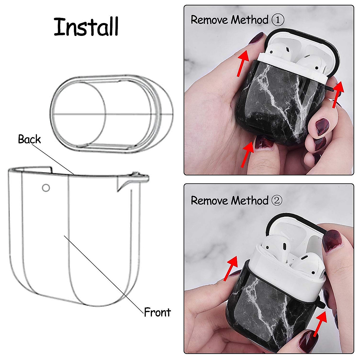 CAGOS for Airpod Case, Cute Marble Protective Hard Cover with Keychain Compatible with Apple Airpods 2nd/1st Generation Case for Women Men, Black