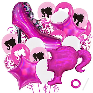 20 PCS Pink Girl Party Balloons,Hot Pink Party Decorations,Girl Cartoon Style Birthday Helium Balloons,High Heels Party Supplies,Makeup Theme Party Decoration Set for Makeup Party
