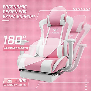 VITESSE Pink Gaming Chair with Footrest Cute Kawaii Gaming Chair for Girl Gamer Chair Ergonomic Office Desk Chair Racing Chair Adjustable High Back Chair with Lumbar Support and Headrest,Pink/White