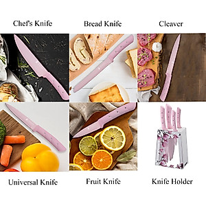 Chef Knife Set, 6 Pieces Stainless Steel Professional Kitchen Knife Set with Acrylic Stand for Cooking, Lightweight Strong Anti-Slip Pink Knives Set Kitchen Gifts for Women (Pink) One Size