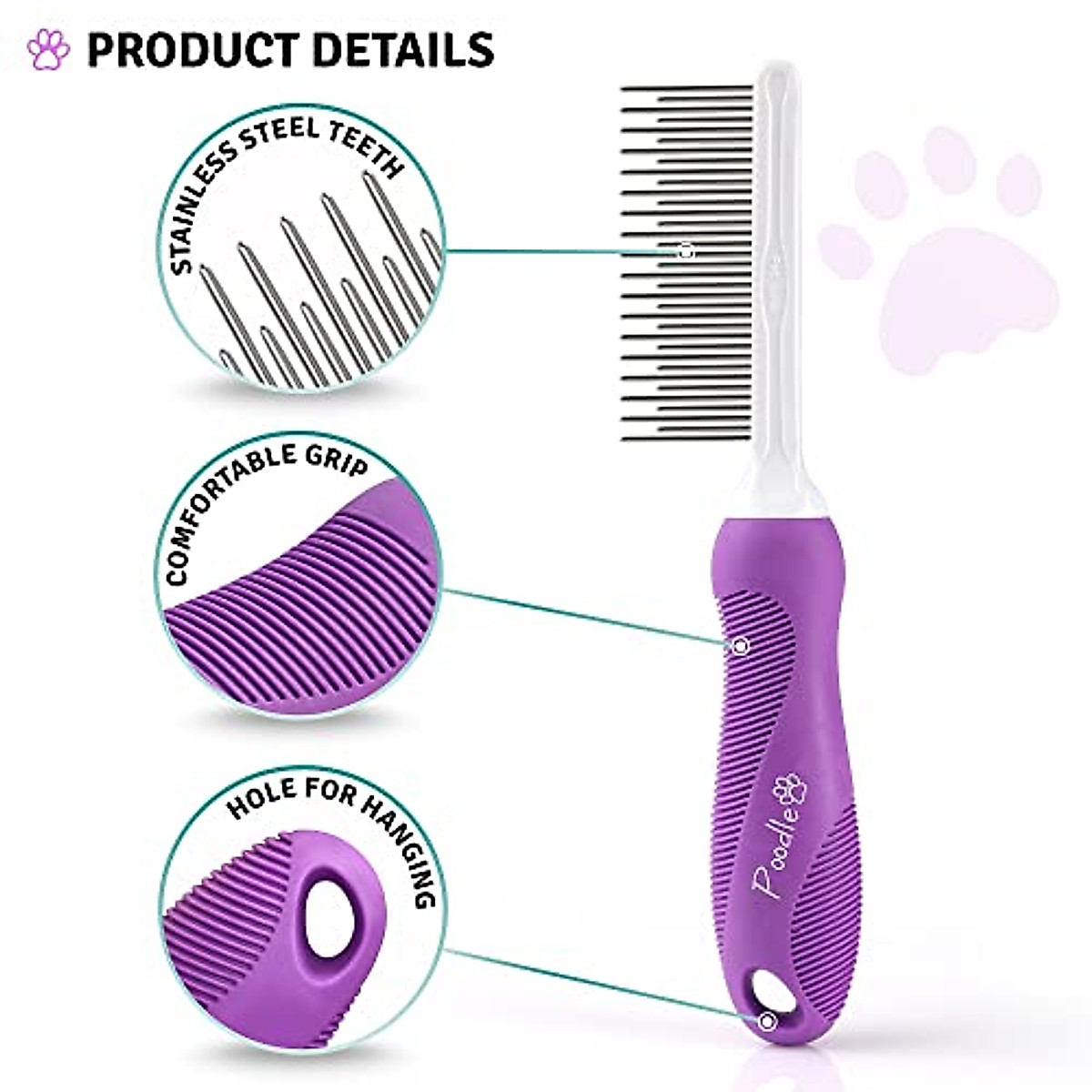 Detangling Pet Comb with Long & Short Stainless Steel Teeth for Removing Matted Fur, Knots & Tangles – Detangler Tool Accessories for Safe & Gentle DIY Dog & Cat Grooming (Grooming Comb)