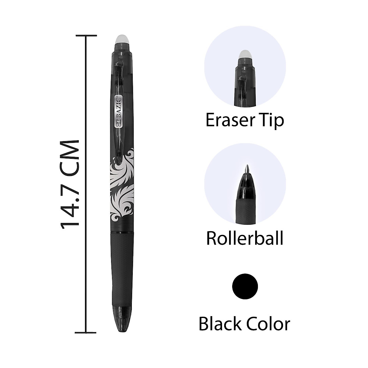 BAZIC Frizz Erasable Gel Pen 0.7mm Black Color, Retractable Clicker Fine Point Inks Pens for Gift Office School, 144-Packs