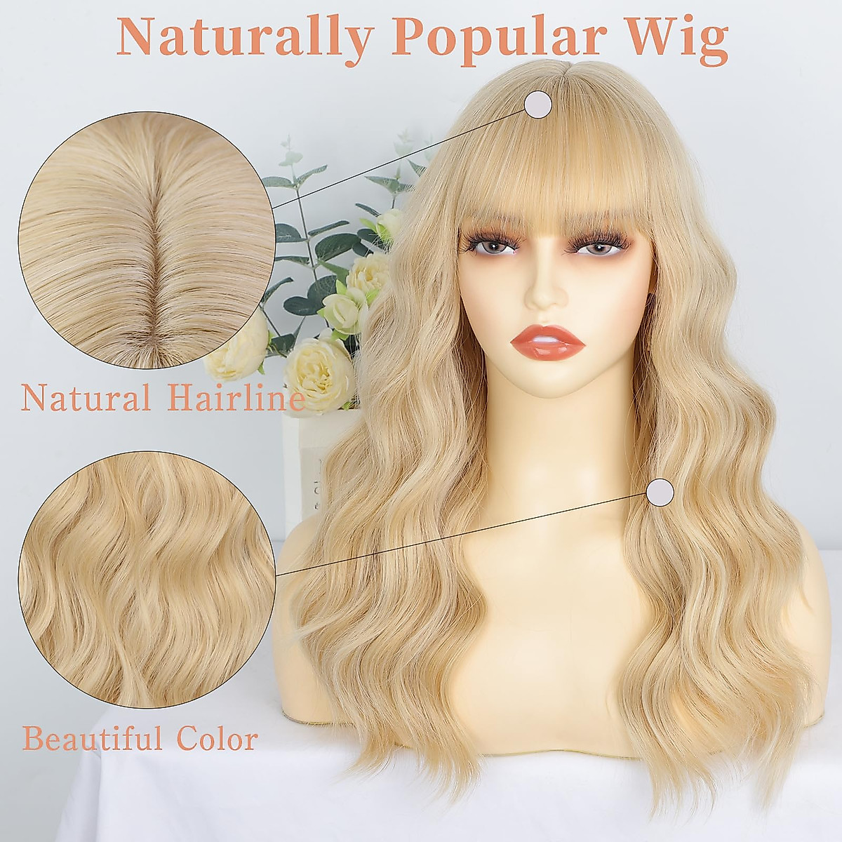 XIXIBI Blonde Wigs for Women Blonde Wig with Bangs Long Wavy Curly Wigs Natural Looking Synthetic Heat Resistant Fiber Wig for Daily Party Use (20 inch)