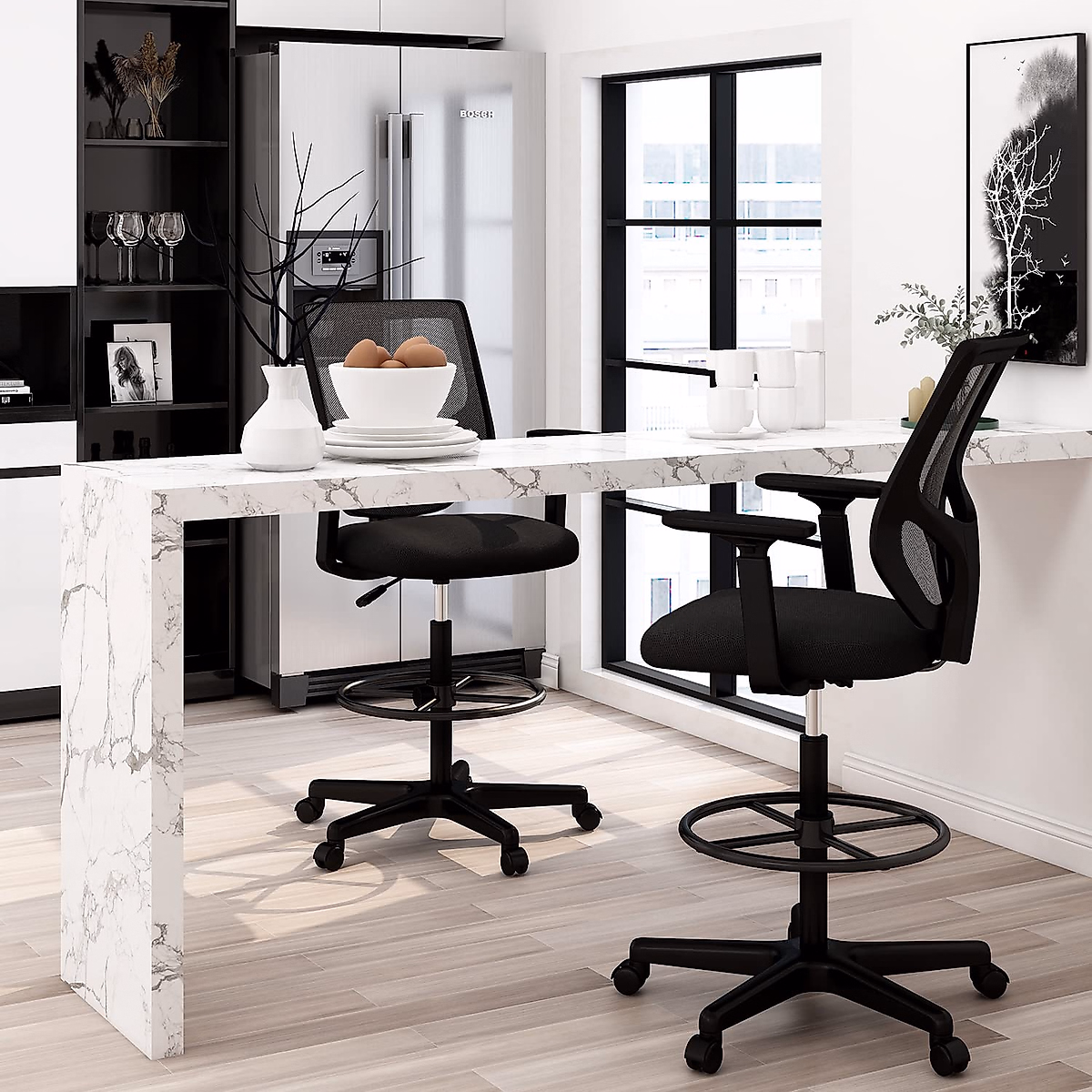 ZUNMOS Tall Office, Drafting High, Ergonomic Mesh Computer Task Table Chairs with Adjustable Armrests and Foot-Ring for Standing Bar Height Desk, Black