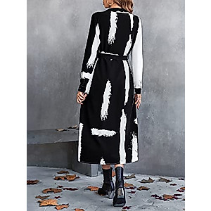 WDIRARA Women's Colorblock Brush Print Button Front Long Sleeve Belted Maxi Shirt Dress Black and White M
