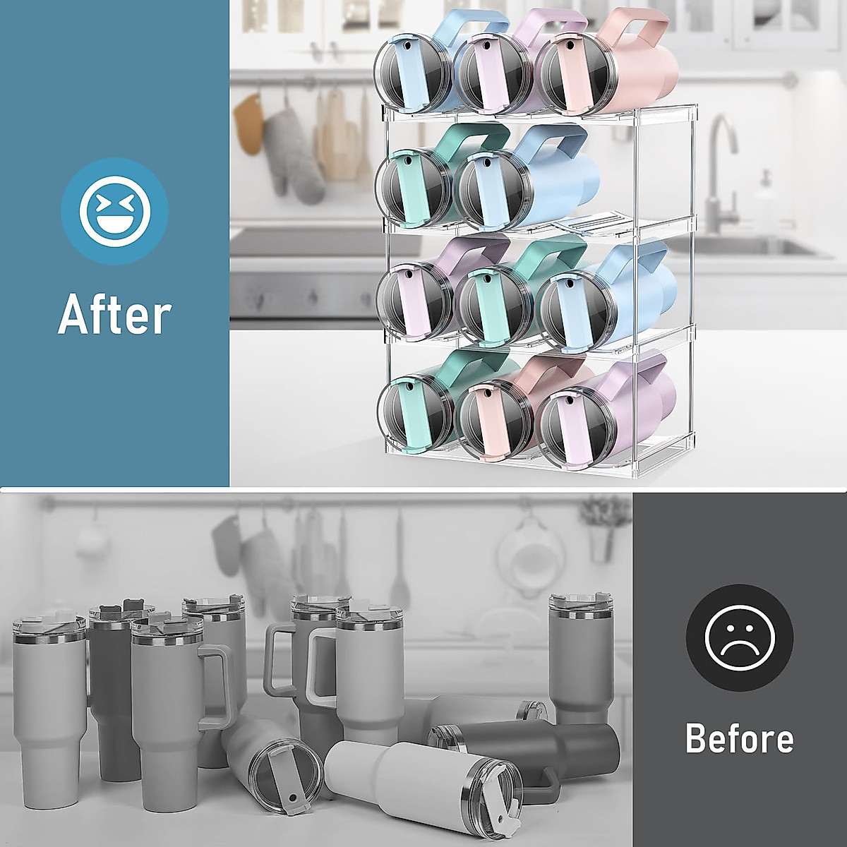 【Upgraded Larger】Water Bottle Organizer for Stanley 40 oz Tumbler with Handle, Stanley Cup Organizer for Cabinet, Kitchen Organizers and Storage for Stanley Cup Accessories, Tumbler Mug Cup Hold 12