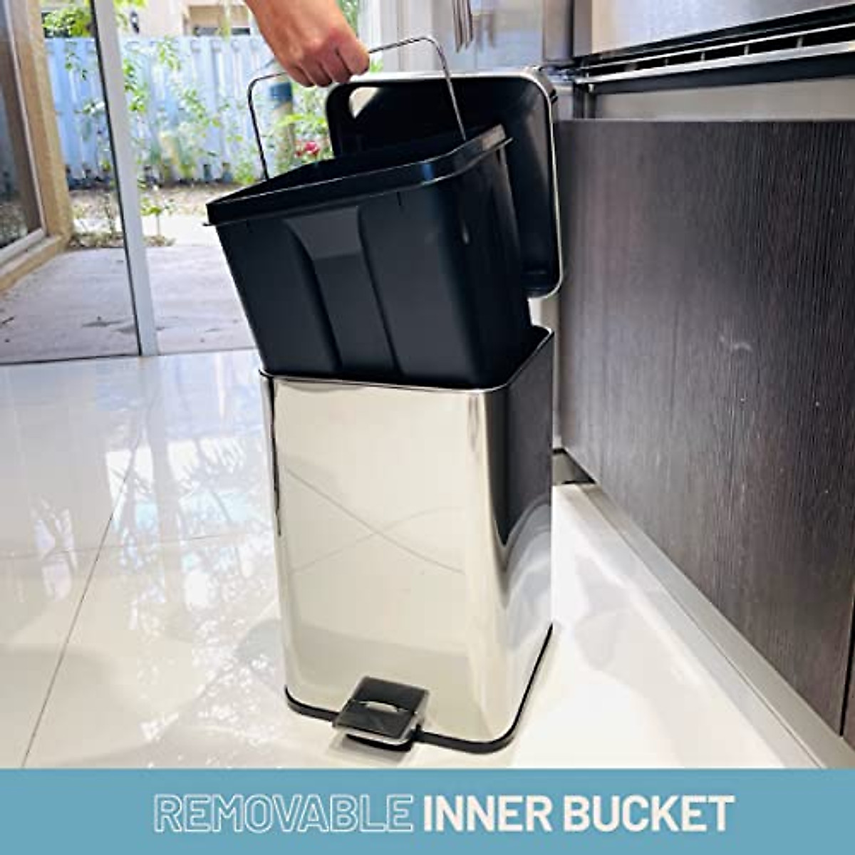 AWENN - Kitchen Garbage Trash Can with Lid and Pedal - Touchless Round Shape Waste Bin - Stainless Steel Dustbin with Removable Inner Bucket for and Outdoors – Gray (5.3 Gallon – 20 Liters)