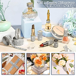 Cludoo 3 Rolls Rhinestone Ribbons, Silver Self Adhesive Rhinestone Strips, Diamond Rhinestone Roll Rhinestone Tape Bling Wrap, Bling Stickers Rhinestones for Crafts Decoration Car DIY Wedding Party