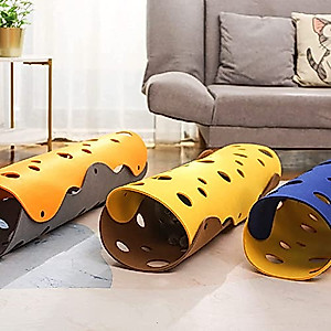 Cat Tunnels Bed, Foldable Pet Tunnel Tube Bed with Holes, DIY Cats Play Mat Cat Activity Rug Toy for Interactive/Exercise Felt Cloth Random Combinations and Infinite Extension (Grey Yellow)