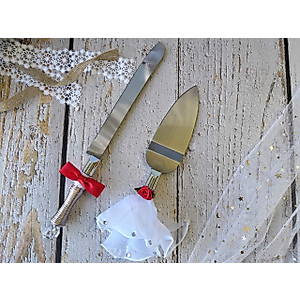 Abbie Home Wedding Anniversary Cake Knife and Server Set in Grey and White- Silk Bow Tie and Red Rose Rhinestone Lace Decoration (Cake Knife&Server Set)