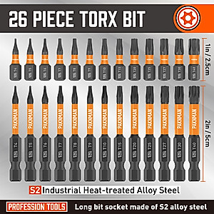 PAKNMAN 27-Piece Torx Bit Set, 1/4”Magnetic Extension, T4 - T40, S2 Steel, 1/4 Hex-Shank Security Torx Bit Set, 1” & 2” Long with Magnetic Impact Bit Holder and Storage Box