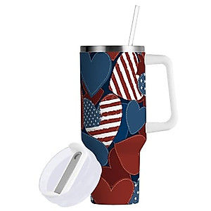 MCHIVER American Flag Heart 40 oz Tumbler with Handle and Straw Stainless Steel Vacuum Water Bottle Leak-proof Travel Coffee Mug Insulated Tumbler for Office Home Car