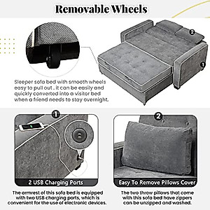 Gynsseh Pull Out Sofa Sleeper, 3 in 1 Convertible Sleeper Sofa Bed with Dual USB Ports and 2 Pillows, Linen Upholstered Adjustable Loveseat Couch with Pull Out Bed for Living Room (Blue Gray)