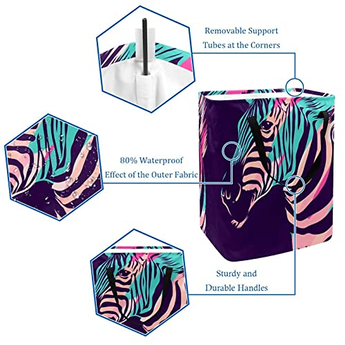 Colored Zebra Print Collapsible Laundry Hamper, 60L Waterproof Laundry Baskets Washing Bin Clothes Toys Storage for Dorm Bathroom Bedroom