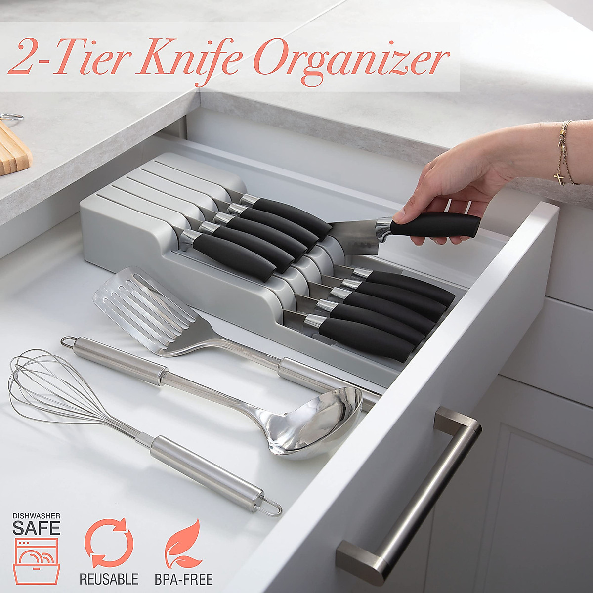 Kitchen Details 2 Tier Knife Drawer Organizer | Holds 11 Knives | Utensil Holder | Knife Block | Storage & Organization | Space Saver | Grey