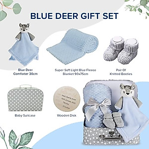 Baby Boy Gift Set New Born Baby Gift Baby Blue Deer Fawn Security Blanket Soft Fleece, Suitcase Keepsake Box Blanket Booties & Baby Gift Basket – Unique Present for Baby Shower & Newborn Lovey Welcome