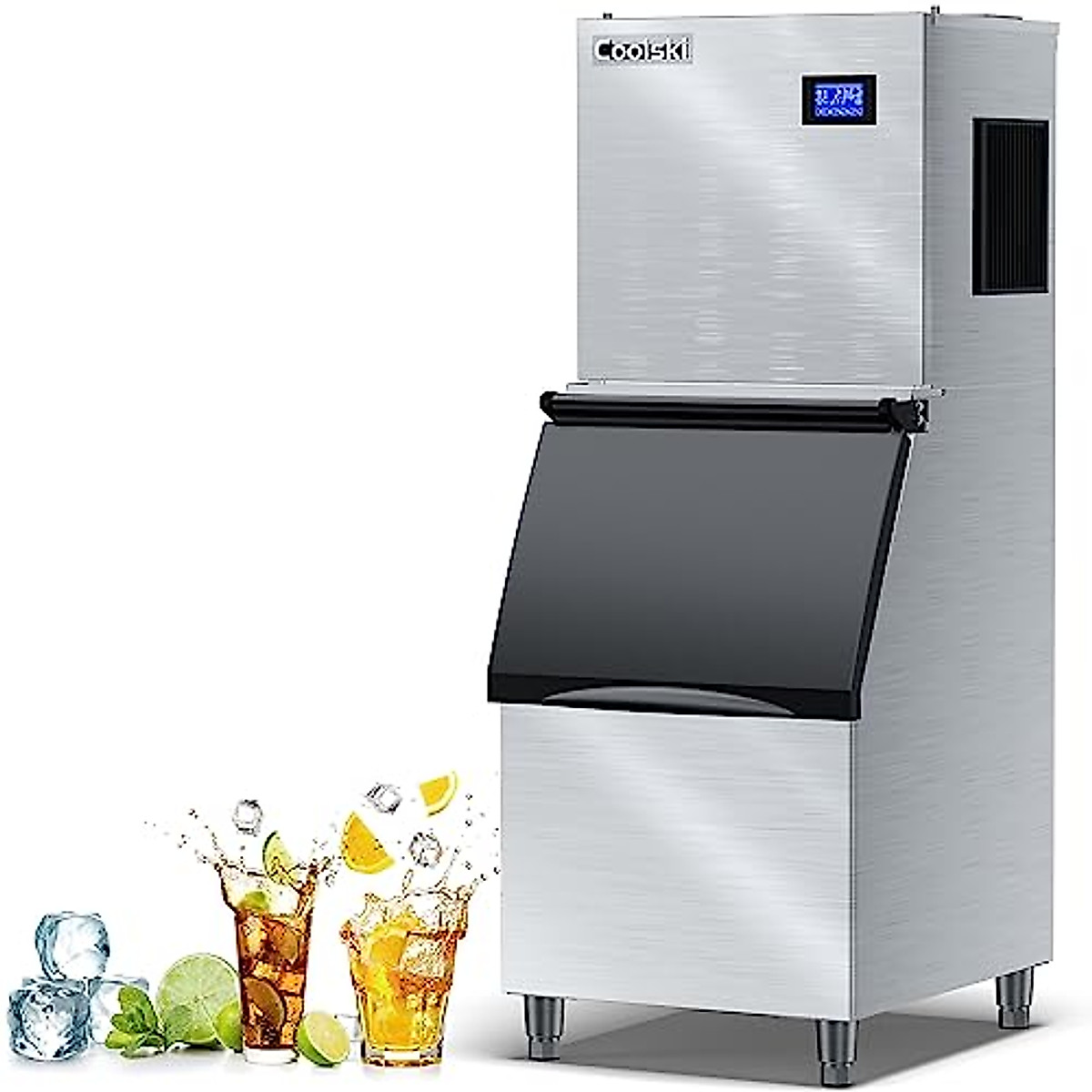Coolski Commercial Ice Maker Machine 300LBS/24H, 22'' Air Cooled Commercial Ice Machine with Ice Bin, Modular Ice Machine for Restaurants Clear Ice Cubes/Stainless Steel Construction/ETL Approved