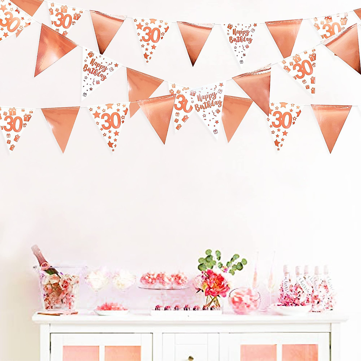 40Ft Rose Gold 30th Happy Birthday Banner Bunting Triangle Flag Pennant Garland for Womens 30th Birthday Decorations Cheers to 30 Years Dirty Thirty 30 & Fabulous Birthday Party Sign Decor