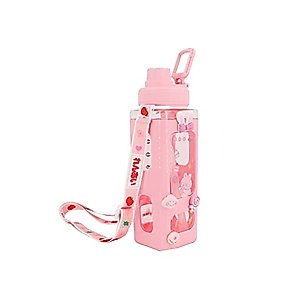NEWSTYP Kawaii Bear Pastel Water Bottle With 3D Sticker 700ml Plastic Travel Tea Juice Milk Portable Cute Shaker Drink Bottle Gift (Pink)