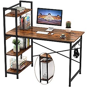 Engriy Computer Desk with 4 Tier Shelves for Home Office, 47" Writing Study Table with Bookshelf and 2 Hooks, Multipurpose Industrial Wood Desk Workstation with Metal Frame for PC Laptop, Rustic Brown