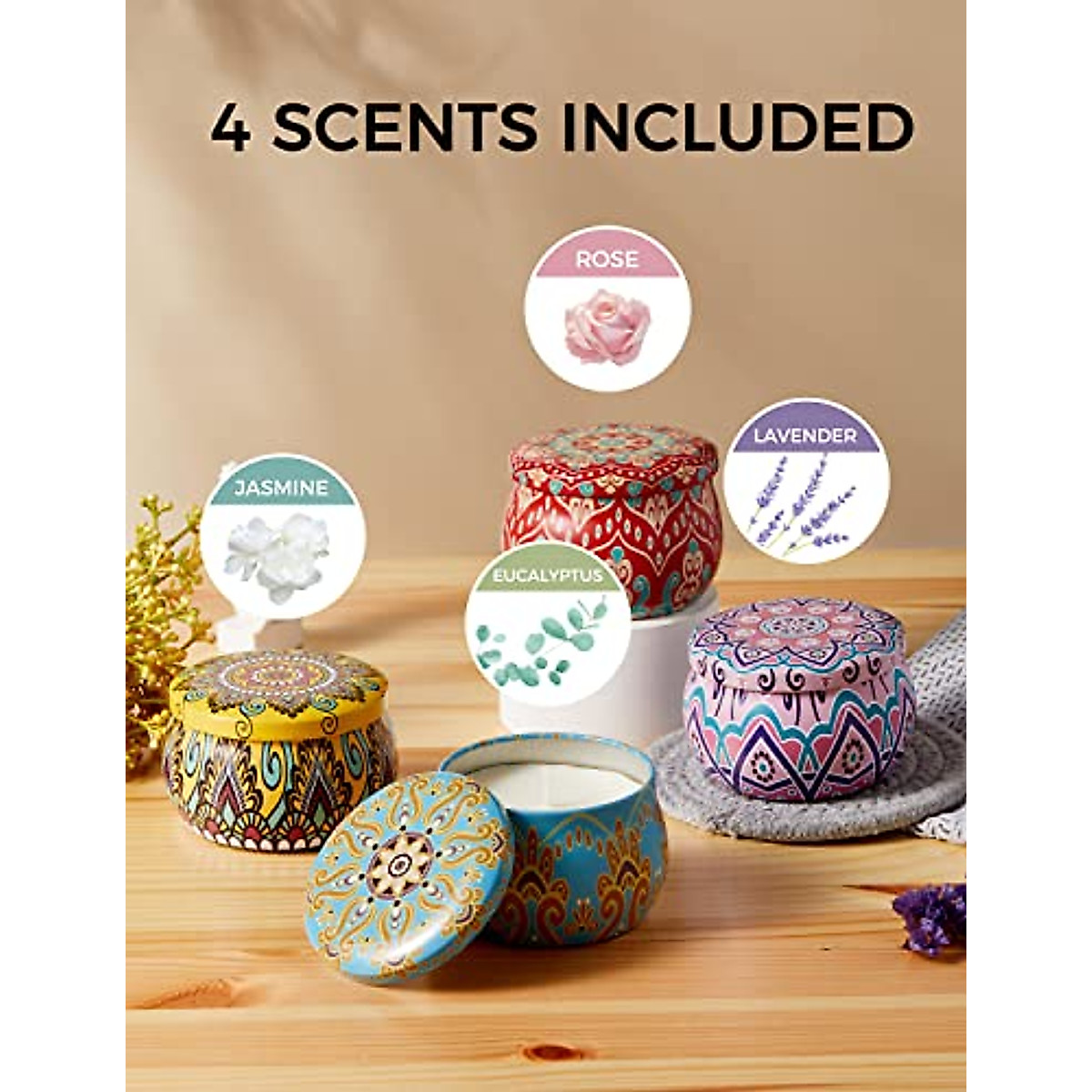 olorvela Scented Candles for Home Scented Candles Gifts for Women, 4pcs Soy Candles in Beautiful Travel Tins 100hrs Burn Time Gifted Packaged Aromatherapy Candle