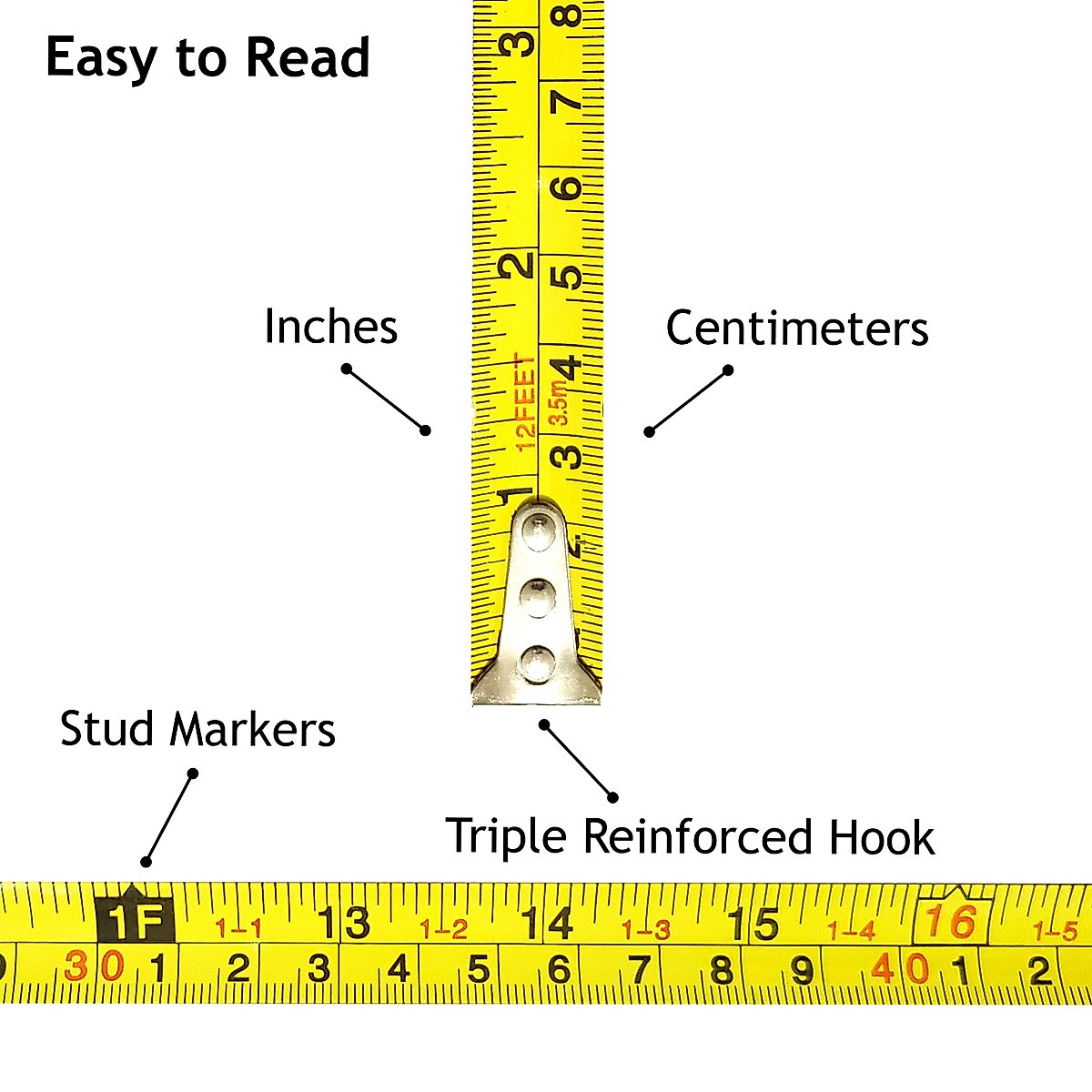 Daily Living Products Small Yellow Tape Measure 3-Pack - Measurement Tape with Standard & Metric - Tape Measure Retractable - Measuring Tape Retractable with Pause Buttons - Easy Read Tape Measures