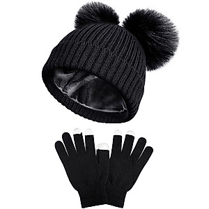 2 Pieces Satin Lined Winter Hats Women Pom Beanies Winter Knitted Pom Hat Touchscreen Gloves Set for Women Girls