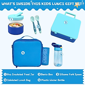 Kids Bento Lunch Box with 8oz Soup Thermo, Water Bottle, Kids Leakproof Lunch Food Containers with 4 Compartment, Kids Insulated Hot Food Jar with Lunch Bag for School, Trvael (Blue)