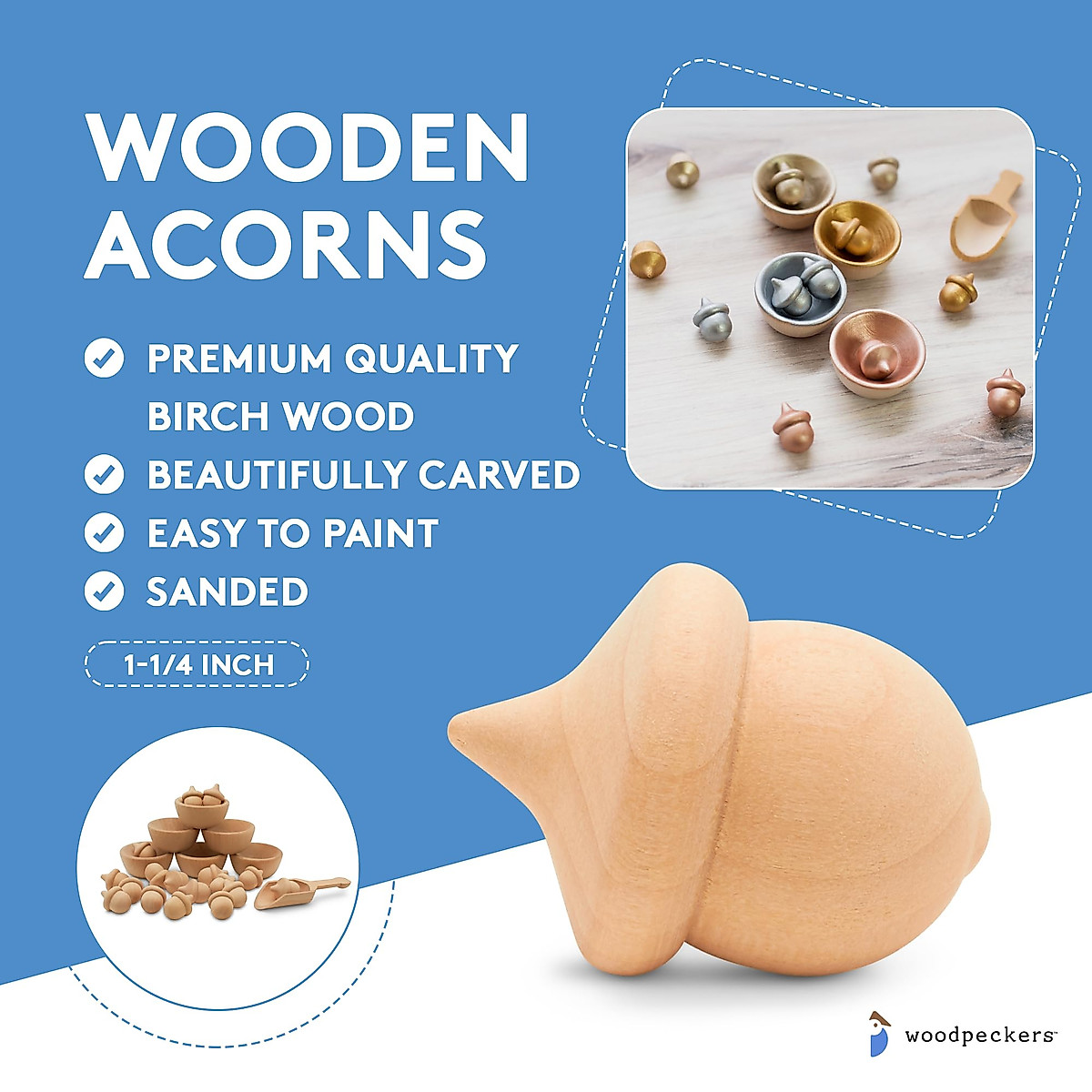 Wooden Acorns 1-1/4 Inch, Bag of 50 Natural Wood Counting & Sorting Decor Crafts Kit DIY by Woodpeckers