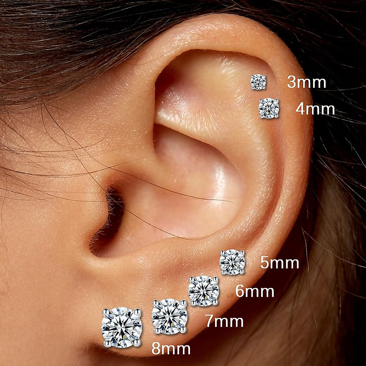 18K Gold Plated Sterling Silver Cubic Zirconia Stud Earrings for Women Men, Simulated Diamond CZ Studs Hypoallergenic Jewelry (8mm, 18K White Gold Plated Sterling Silver - Silver)