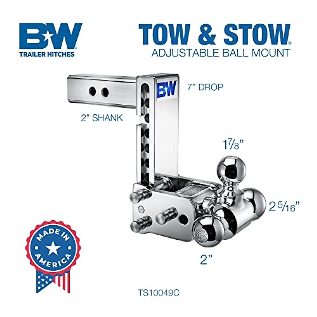 B&W Trailer Hitches Chrome Tow & Stow Adjustable Trailer Hitch Ball Mount - Fits 2" Receiver, Tri-Ball (1-7/8" x 2" x 2-5/16"), 7" Drop, 10,000 GTW - TS10049C