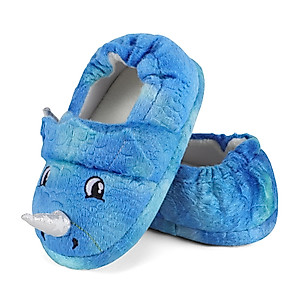KAKU NANU Kids Slippers Cozy Animal Slippers for Boys Girls, House Indoor Non-Slip Rubber Sole Warm Memory Foam Shoes (7-8 Toddler,Blue)